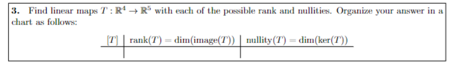 Solved 3. Find linear maps T:R4→R5 with each of the possible | Chegg.com