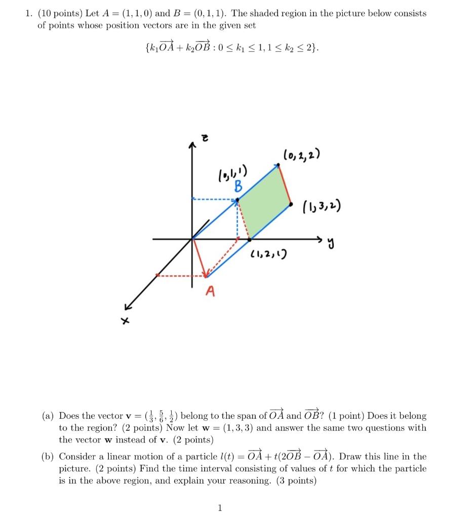 Solved 1. (10 points) Let A=(1,1,0) and B=(0,1,1). The | Chegg.com