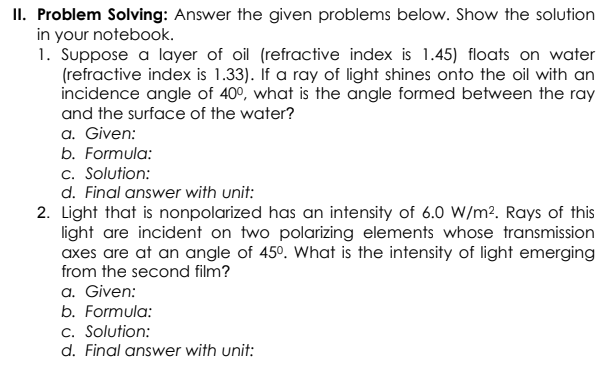 Solved II. Problem Solving: Answer the given problems below. | Chegg.com