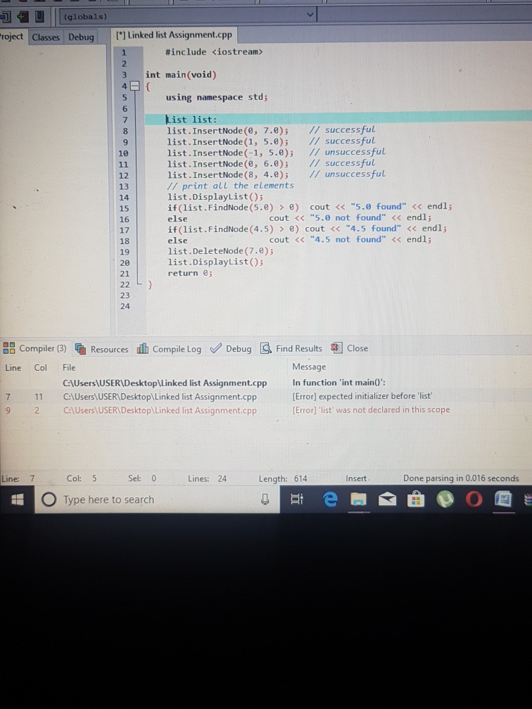 Solved (globals) [] Linked list Assignment.cpp roject | Chegg.com
