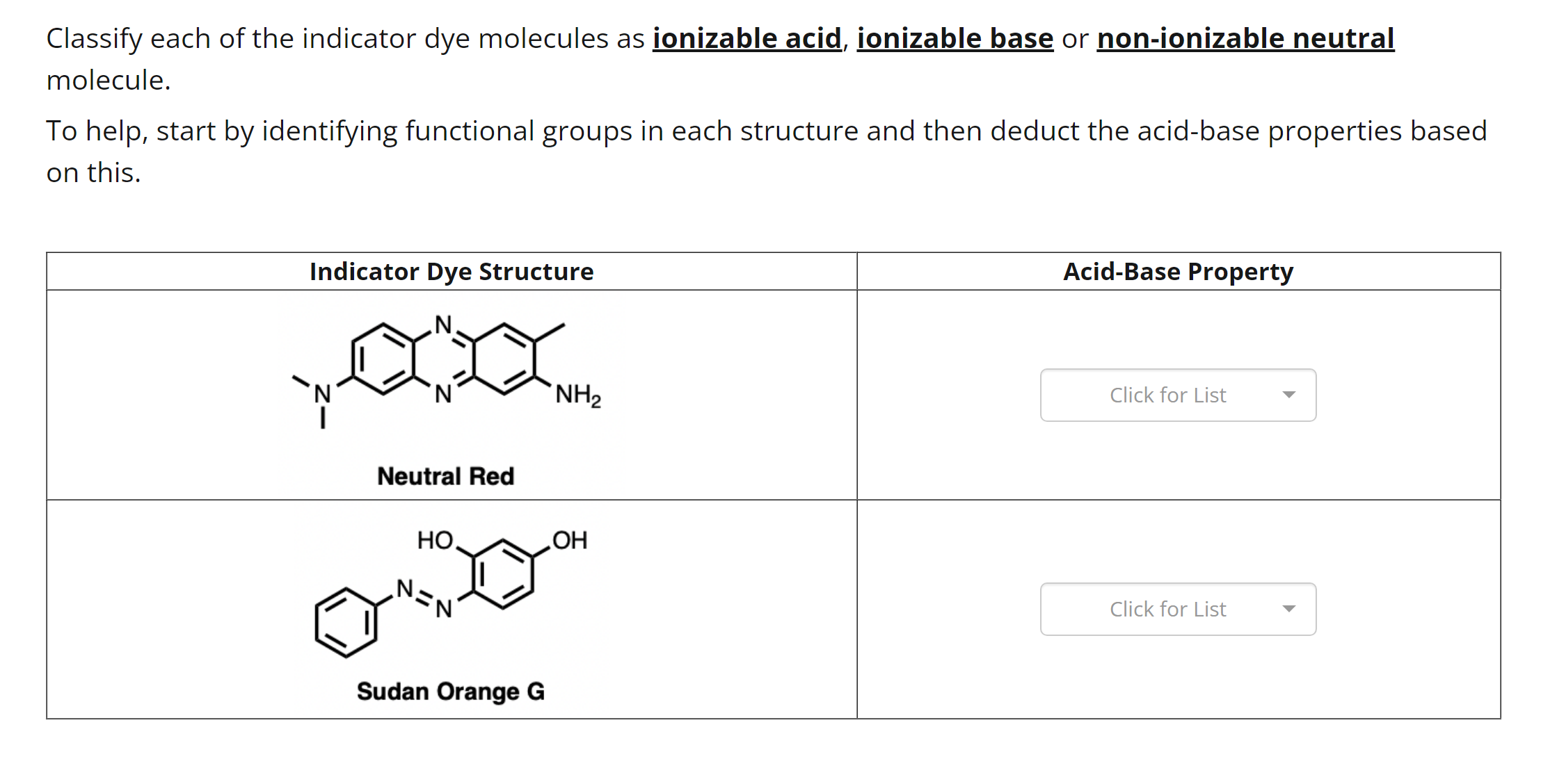 Solved Classify each of the indicator dye molecules as | Chegg.com