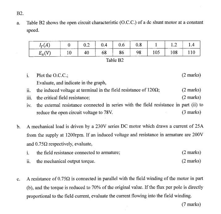 Solved a. Table B2 shows the open circuit characteristic | Chegg.com
