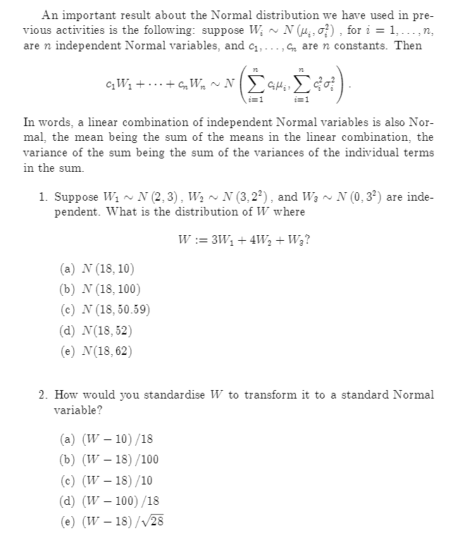 Solved An important result about the Normal distribution we | Chegg.com