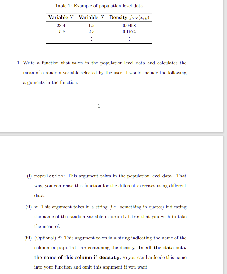 Table 1: Example of population-level data 1. Write a | Chegg.com