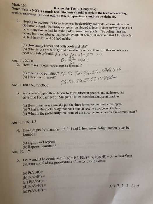 Solved Math 130 Review for Test 1 (Chapter 6) ote: This is | Chegg.com