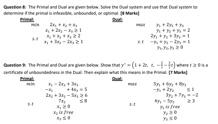 Solved Question 8: The Primal and Dual are given below. | Chegg.com