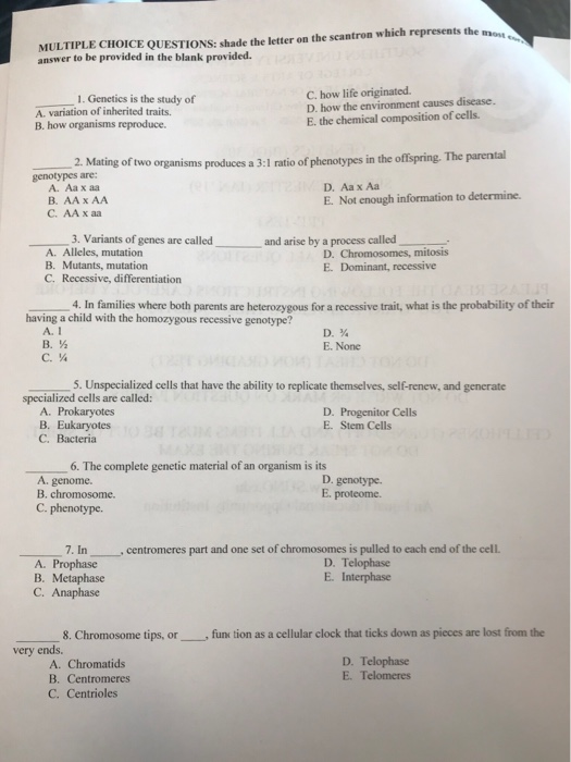 Solved MULTIPLE CHOICE QUESTIONS: shade the letter on the | Chegg.com