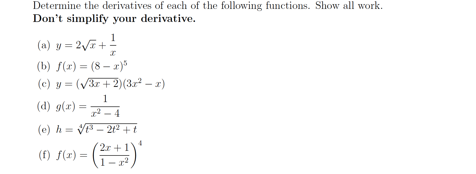 Solved Determine the derivatives of each of the following | Chegg.com