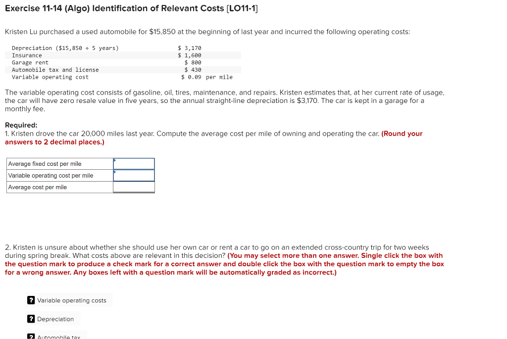 Solved Exercise 11-14 (Algo) Identification of Relevant | Chegg.com