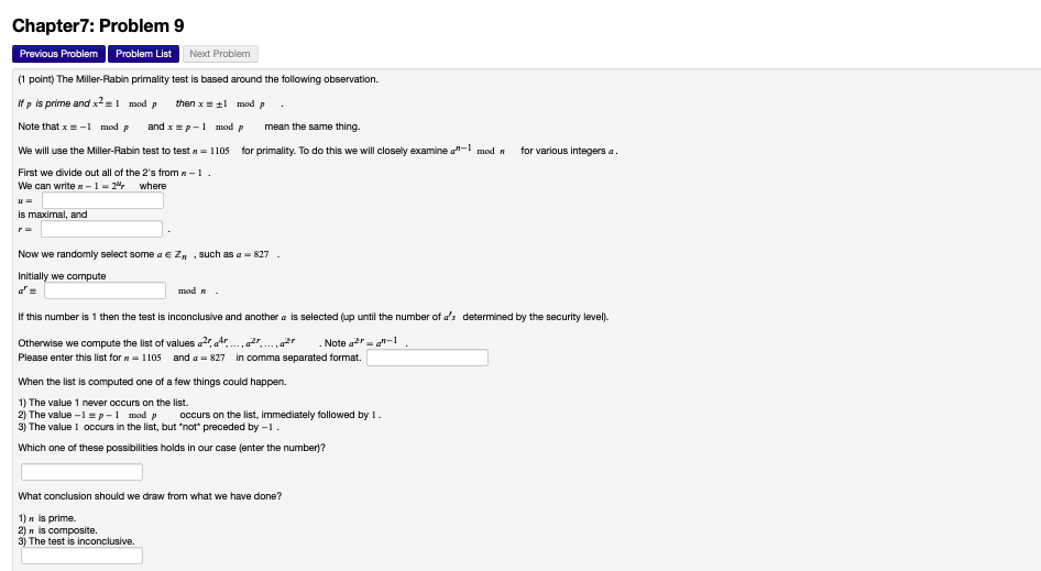 Solved (1 point) The Miller-Aabin primality test is based | Chegg.com