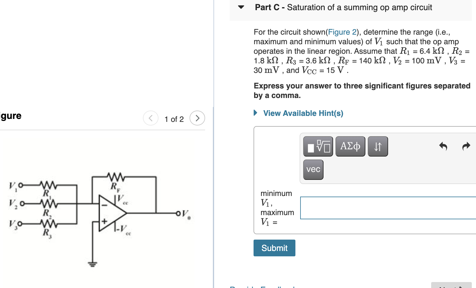 Solved Part C - Saturation of a summing op amp circuit For | Chegg.com