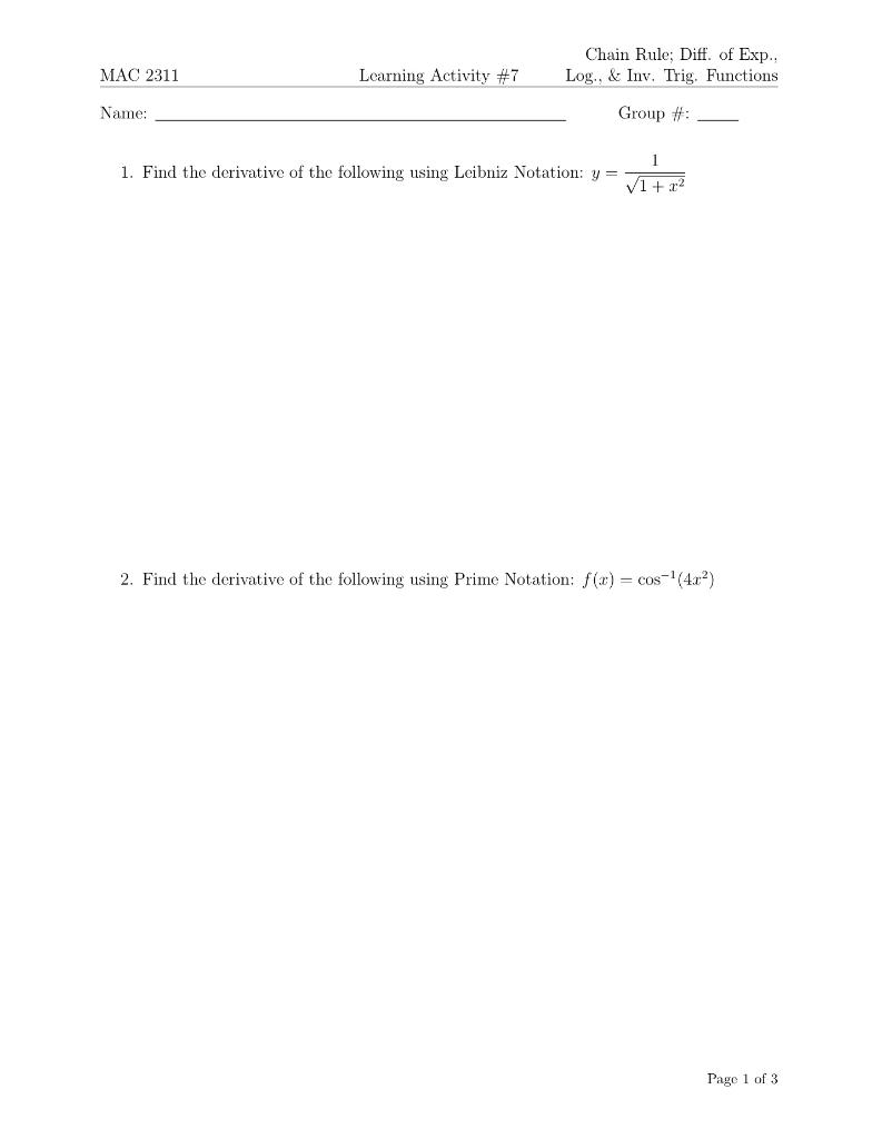 Solved Chain Rule; Diff. of Exp.. Log., & Inv. Trig. | Chegg.com