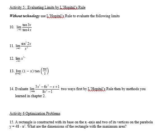 Solved Activity 5: Evaluating Limits by L'Hopital's | Chegg.com