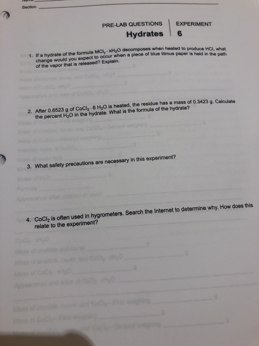 Solved Section PRE-LAB QUESTIONS EXPERIMENT Hydrates 6 1. If | Chegg.com