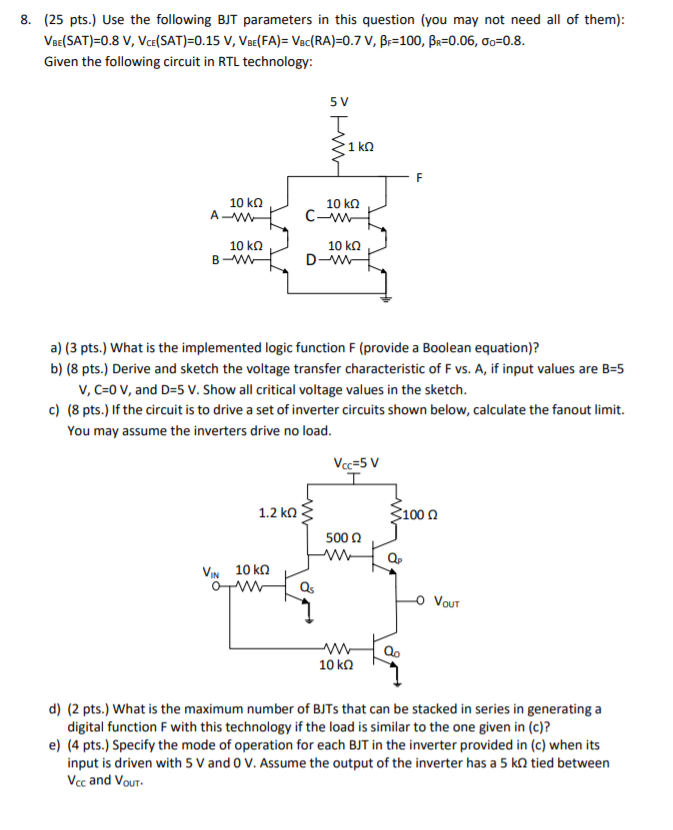 Solved 8. (25 pts. Use the following BJT parameters in this | Chegg.com