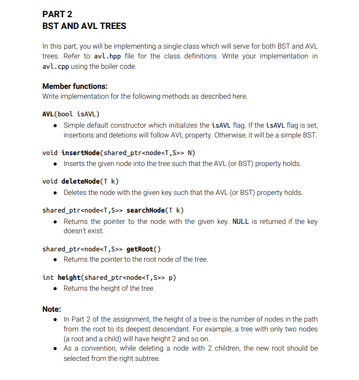 PART 2 BST AND AVL TREES In this part, you will be | Chegg.com