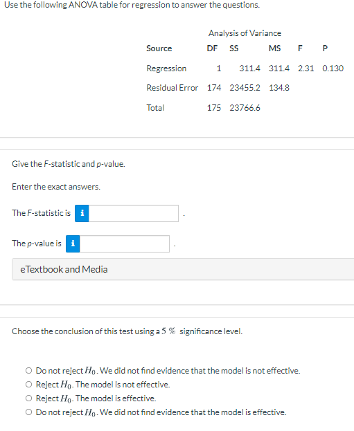 Solved Use the following ANOVA table for regression to | Chegg.com
