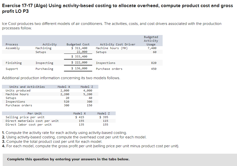 Solved Exercise 17-17 (Algo) Using activity-based costing to | Chegg.com Solved Exercise 17-17 (Algo) Using activity-based costing to | Chegg.com