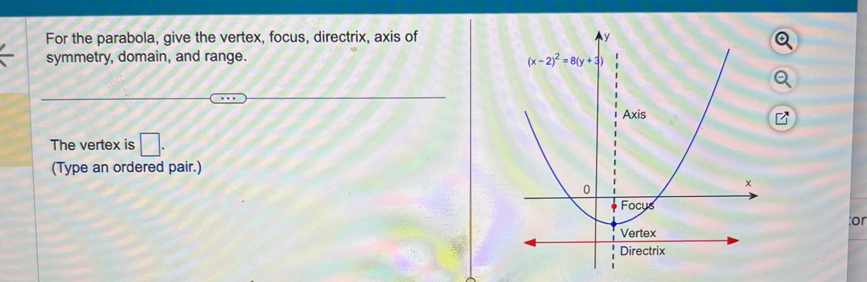 Solved For the parabola, give the vertex, focus, directrix, | Chegg.com
