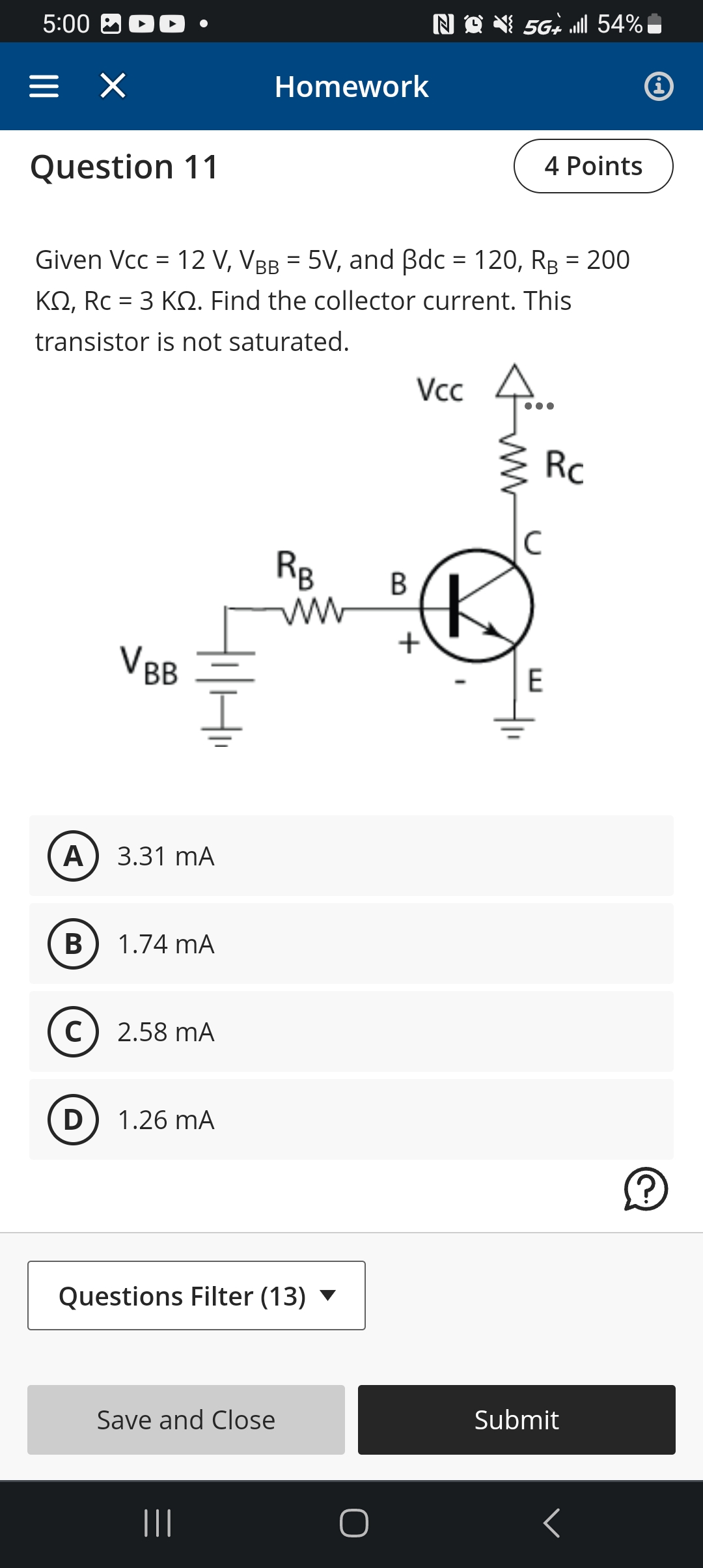 Solved Given Vcc=12 V, VBB=5 V, and βdc=120,RB=200 | Chegg.com