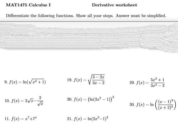 Solved MAT1475 Calculus I Derivative worksheet Differentiate | Chegg.com
