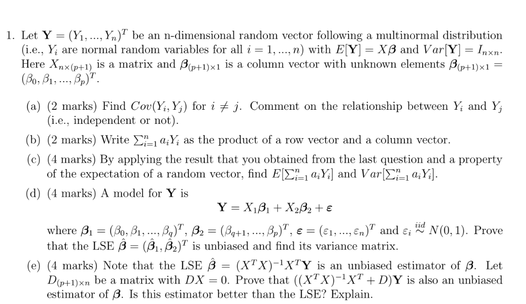 Let Y=(Y1,…,Yn)T be an n-dimensional random vector | Chegg.com