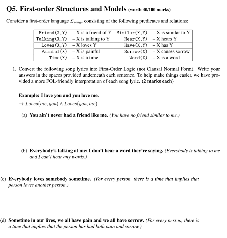 Solved Q5. First-order Structures and Models (worth 30/100 | Chegg.com