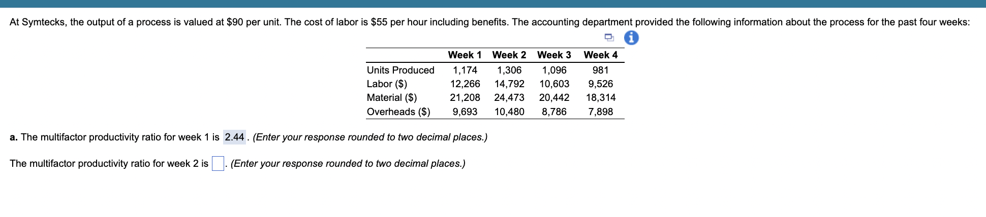 Solved a. The multifactor productivity ratio for week 1 is | Chegg.com