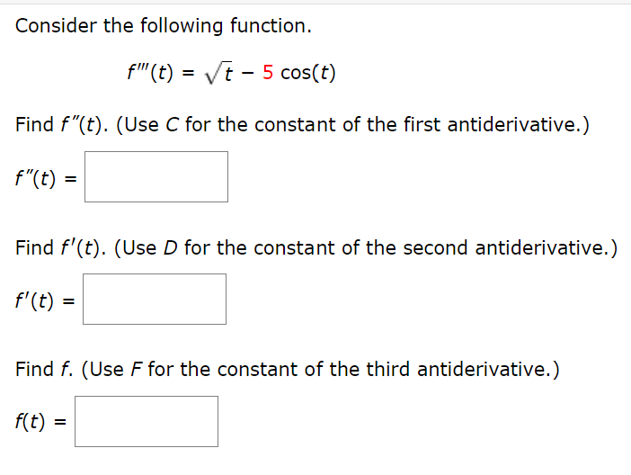 Solved Consider the following function. f′′′(t)=t−5cos(t) | Chegg.com