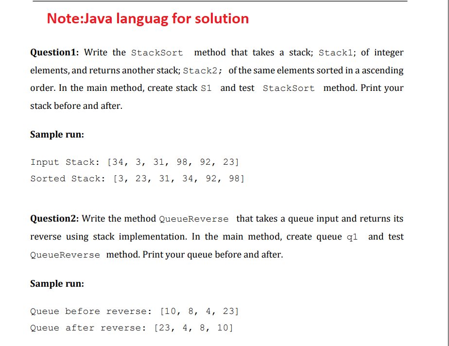 Solved Note:Java languag for solution Question1: Write the | Chegg.com