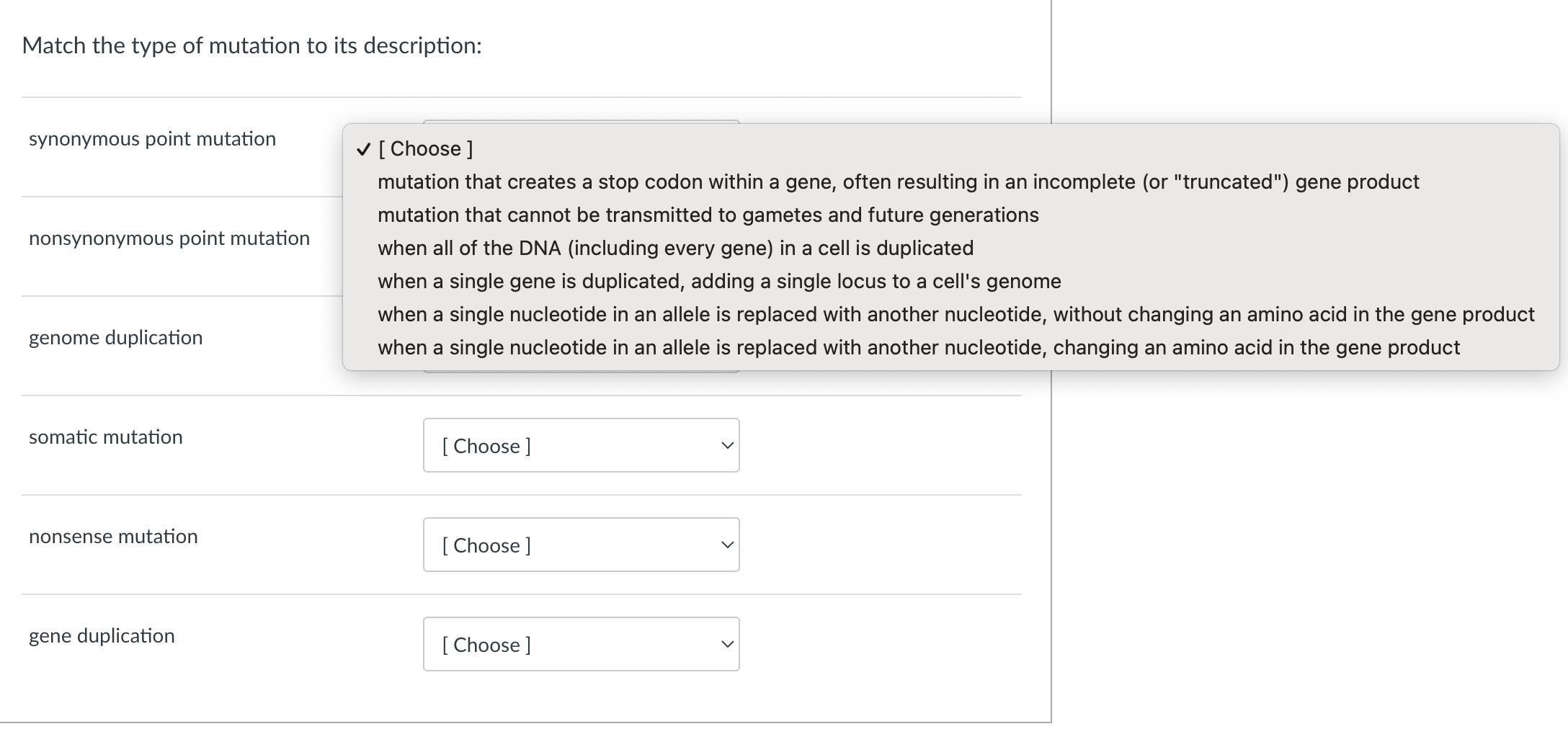 Solved Match the type of mutation to its description: | Chegg.com