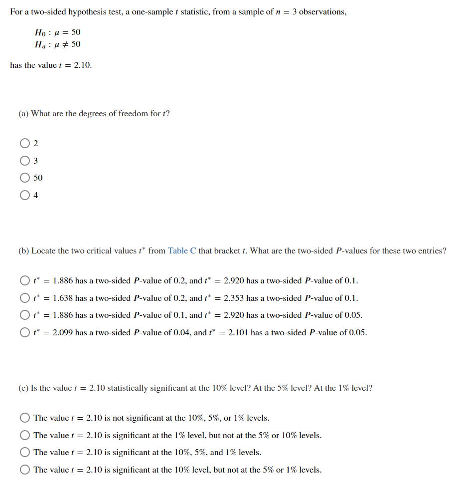 Solved For a two-sided hypothesis test, a one-sample t | Chegg.com