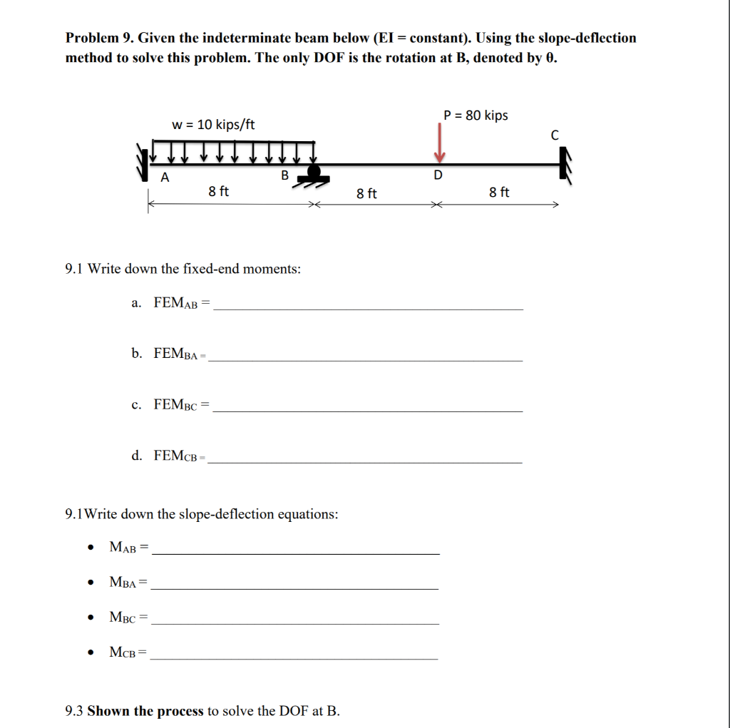 Solved Problem 9. Given the indeterminate beam below (EI = | Chegg.com