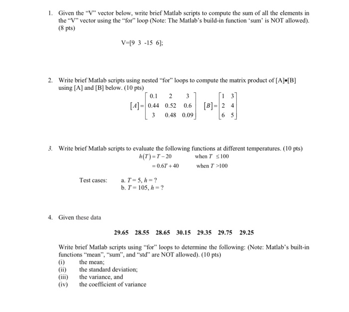Solved 1. Given the V" vector below, write brief Matlab | Chegg.com