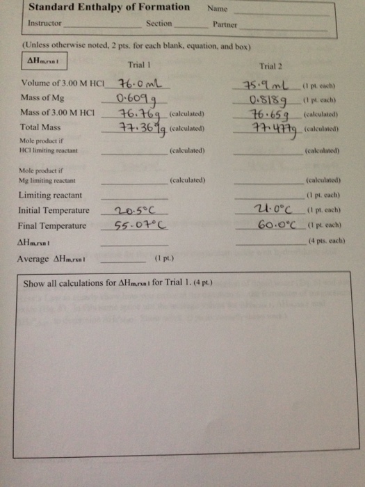 Solved Standard Enthalpy of Formation Name Instructor | Chegg.com