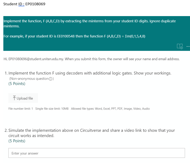 Solved Student ID: EP0108069 Implement the function, F | Chegg.com