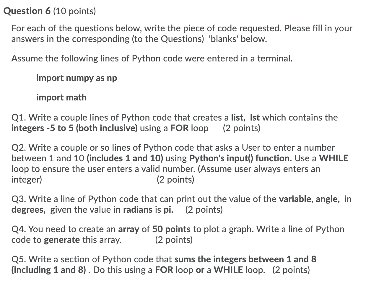 Solved Question 6 (10 points) For each of the questions | Chegg.com