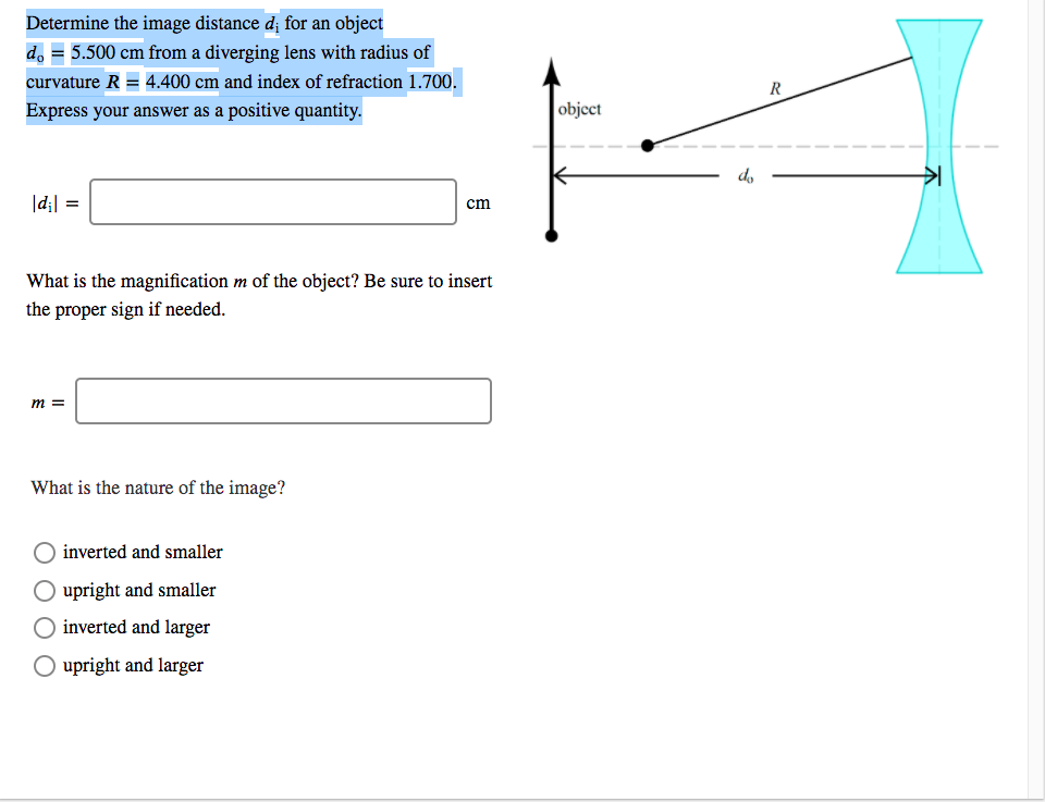 Solved Determine the image distance d; for an object d. = | Chegg.com
