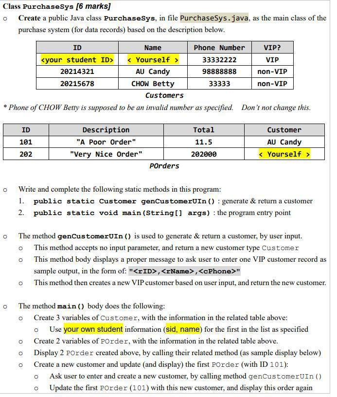 Solved Class PurchaseSys [6 marks] o Create a public Java | Chegg.com