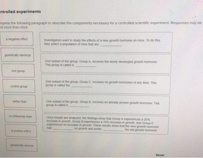 Solved Controlled experiments Complete the following | Chegg.com