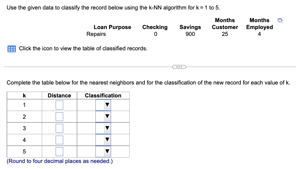 Solved Use the given data to classify the record below using | Chegg.com