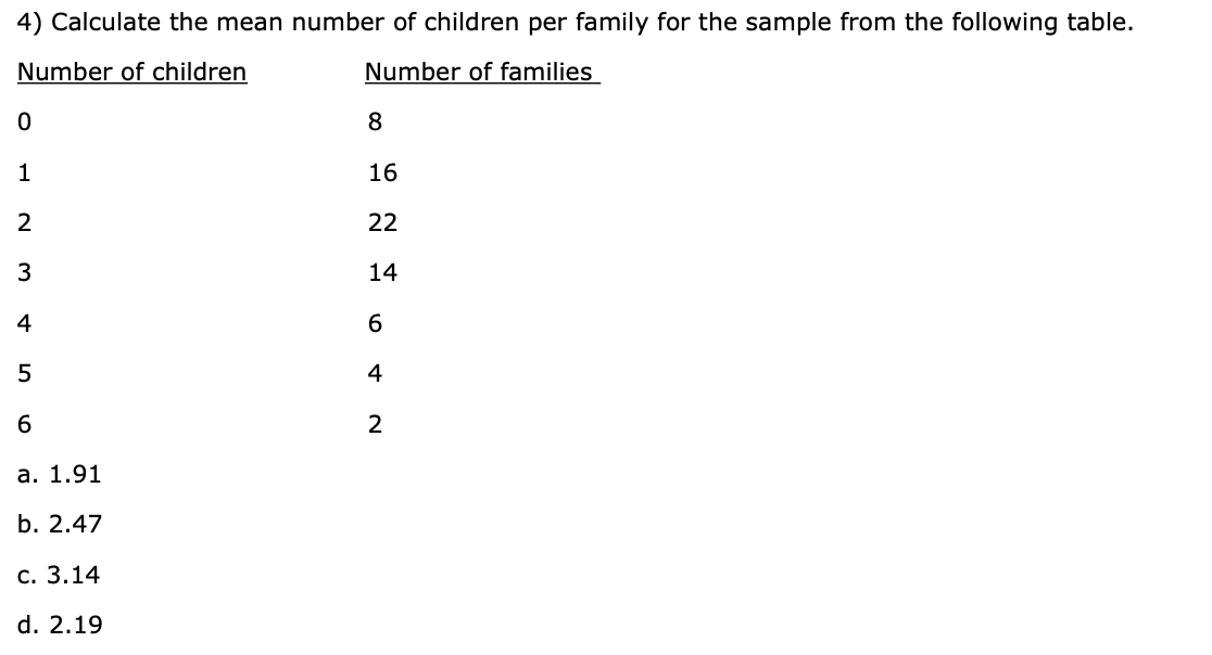 Solved 4) Calculate the mean number of children per family | Chegg.com
