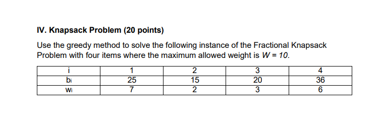 Solved IV. Knapsack Problem (20 points) Use the greedy | Chegg.com Solved IV. Knapsack Problem (20 points) Use the greedy | Chegg.com