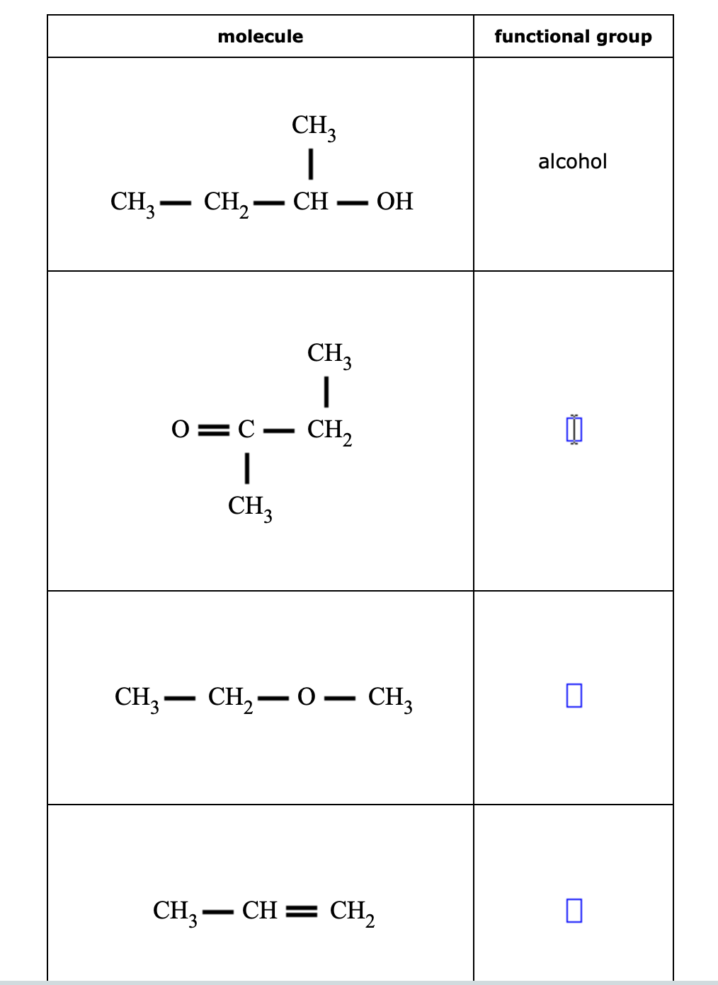 Solved molecule functional group CH, 1 CH3 – CH2 – CH | Chegg.com