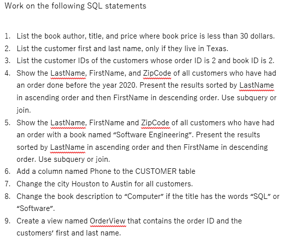 Solved Work on the following SQL statements 1. List the book | Chegg.com