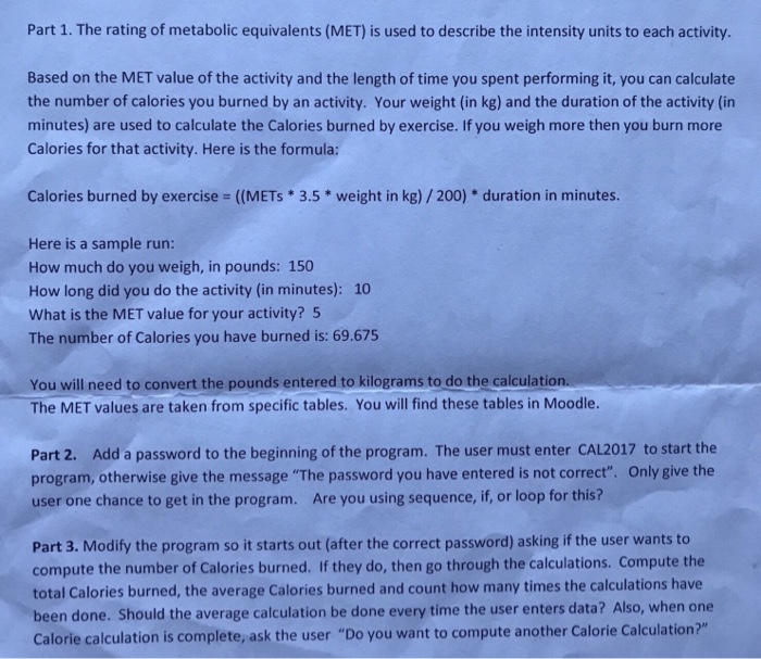 Solved Part 1. The rating of metabolic equivalents (MET) is | Chegg.com