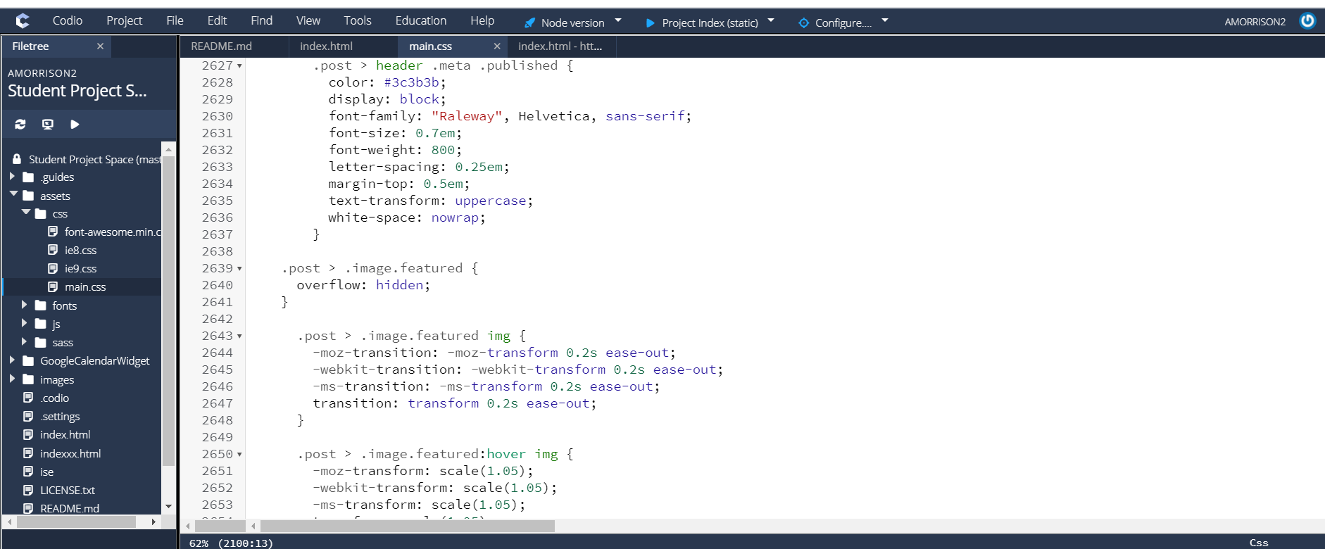 Need assistance modifying css layout in Codio | Chegg.com