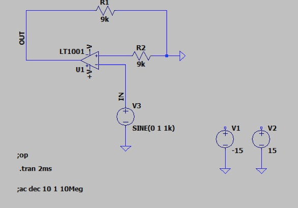 Solved LT1001 i SINE(O 1 1k) V2 ор .tran 2ms ac dec 10 1 | Chegg.com