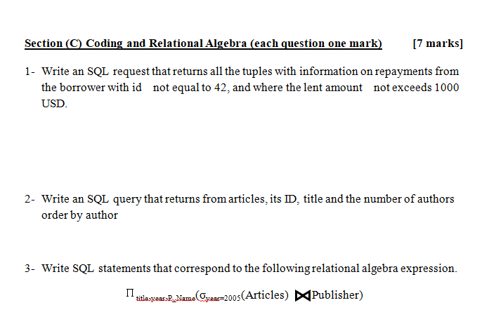 Solved Section (C) Coding and Relational Algebra (each | Chegg.com