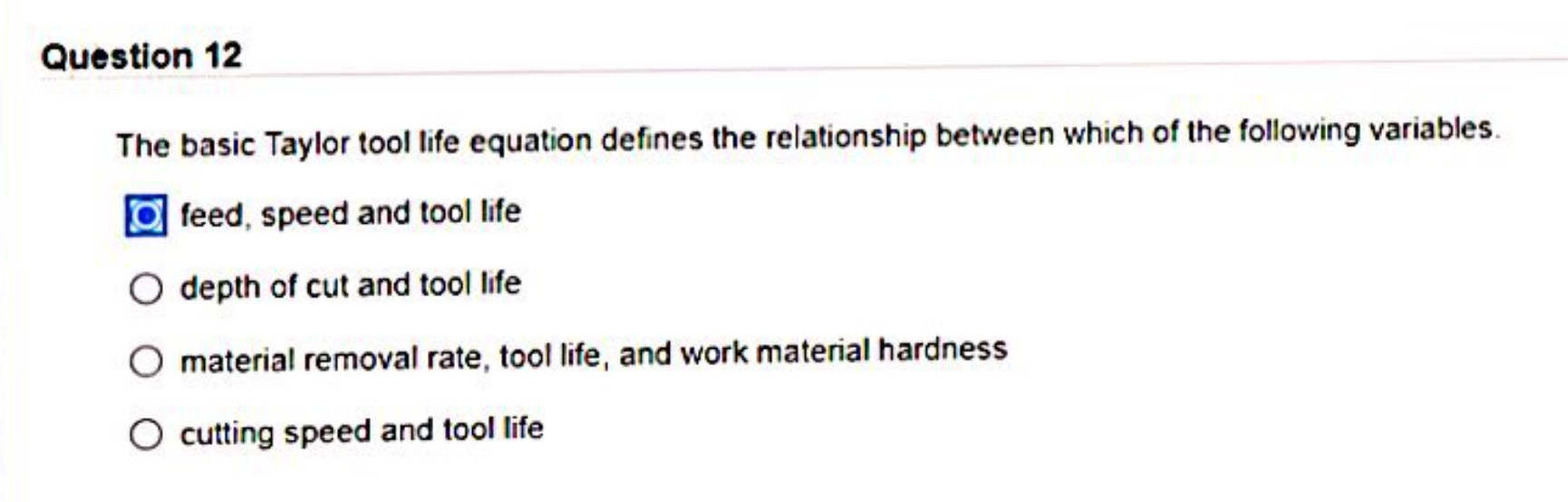Solved Question 12 The basic Taylor tool life equation | Chegg.com